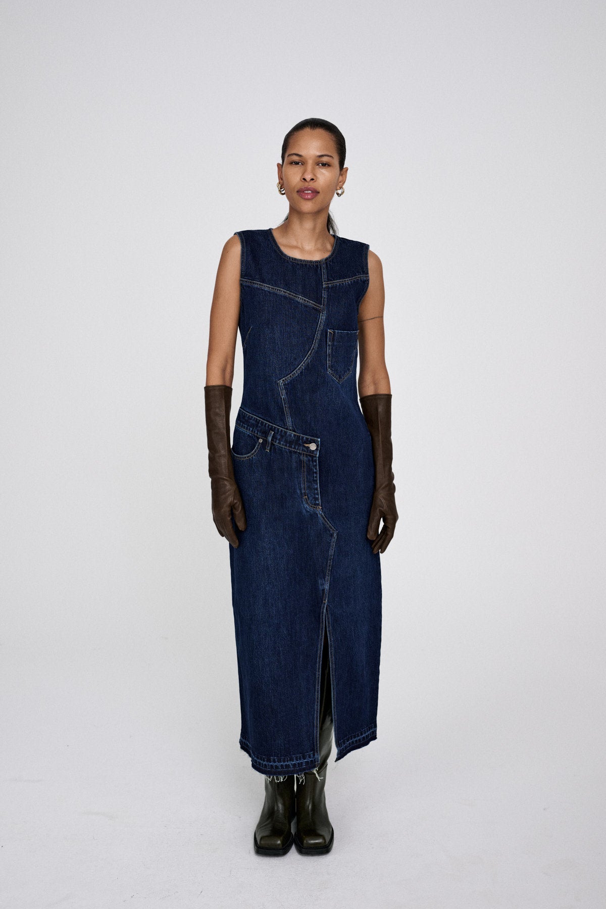 Inette - Patchwork denim dress I Dark washed indigo